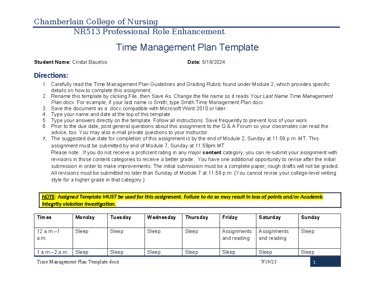 NR513 Time Management Plan Template - Assignment Guidelines & Tips ...