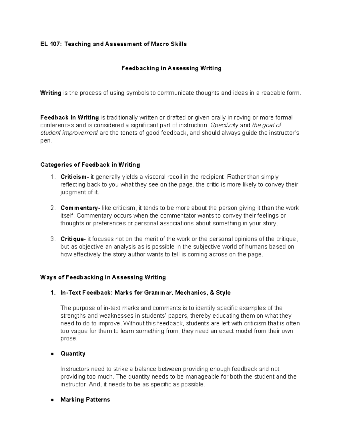 EL 107: Feedback Strategies for Assessing Writing Skills - Studocu