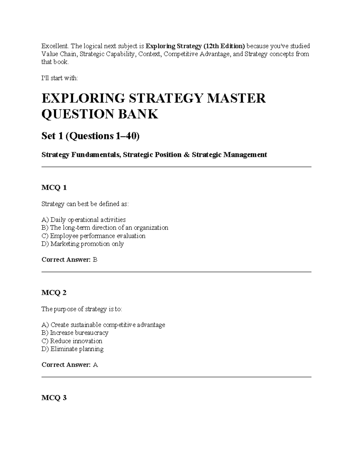 EXPLORING STRATEGY (12th Ed) MASTER QUESTION BANK Set 1 - Studocu