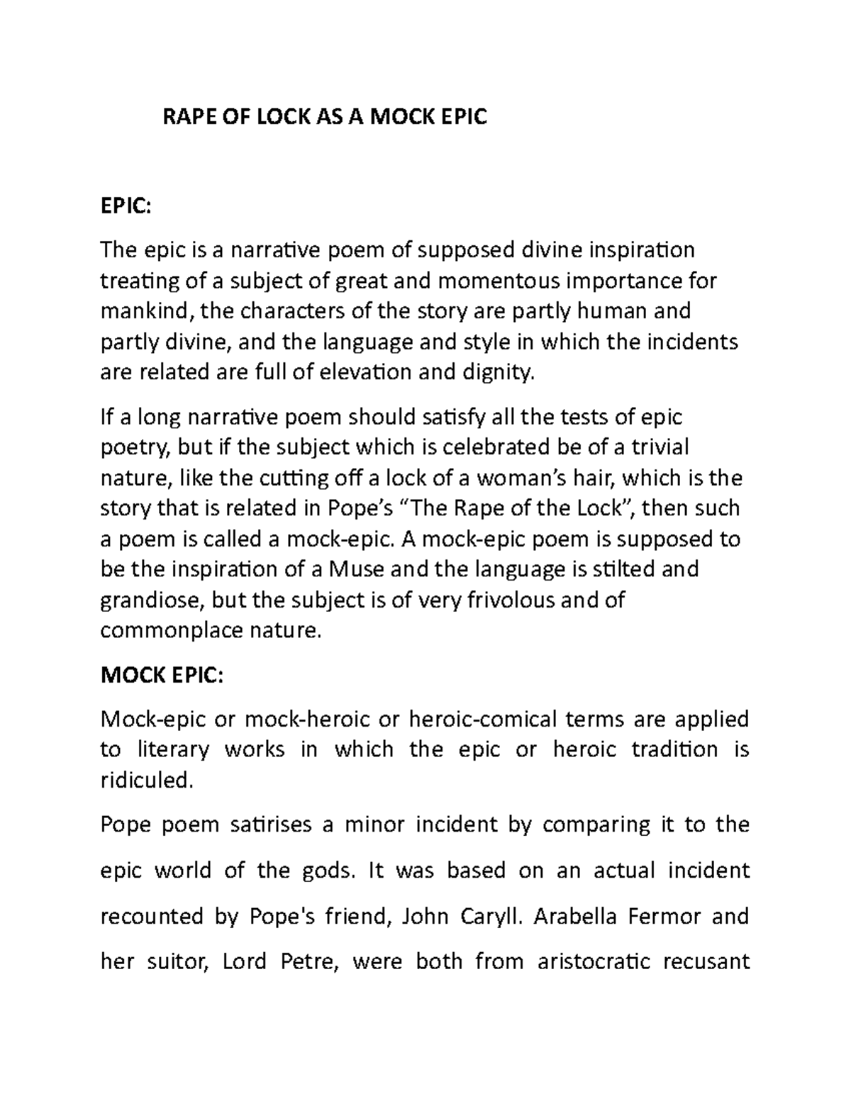 Rape of lock as Mock epic - RAPE OF LOCK AS A MOCK EPIC EPIC: The epic is a narrative poem of ...