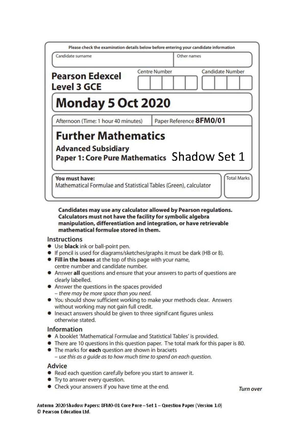 2010 8FM0 01 AS Core Pure Autumn 2020 Shadow Paper Question Set - Studocu