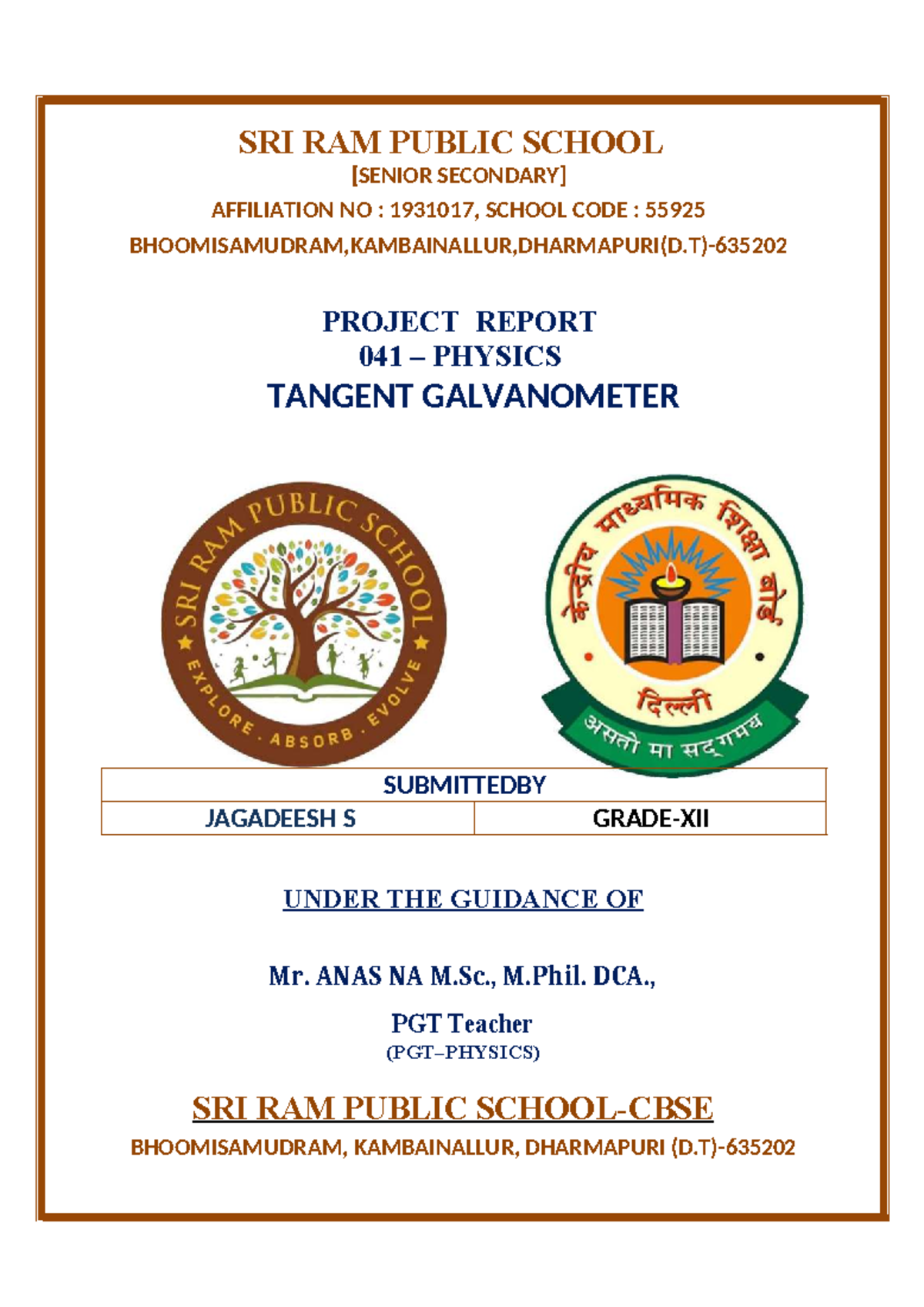Physics Project Report: Measuring Magnetic Field with Tangent ...