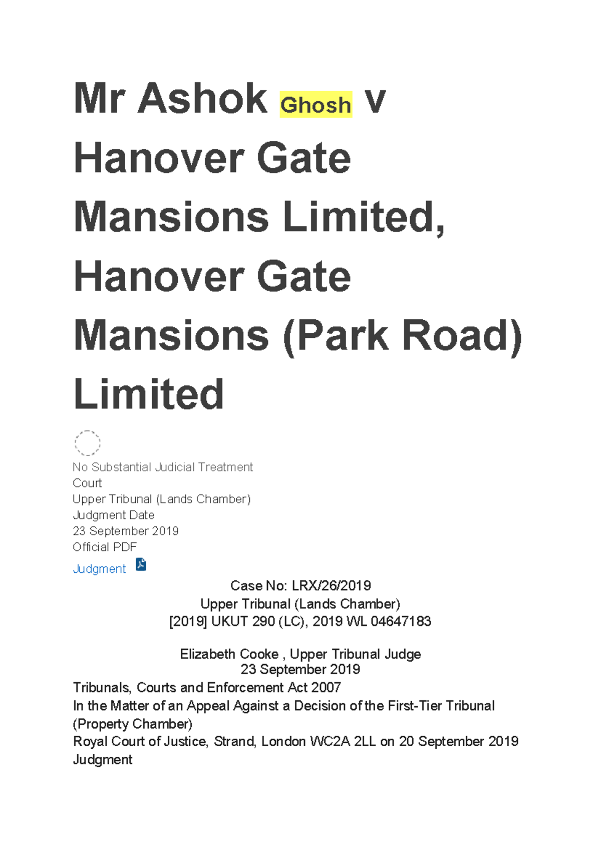 Mr Ashok Ghosh v Hanover Gate Mansions Ltd [2019] UKUT 290 (LC ...