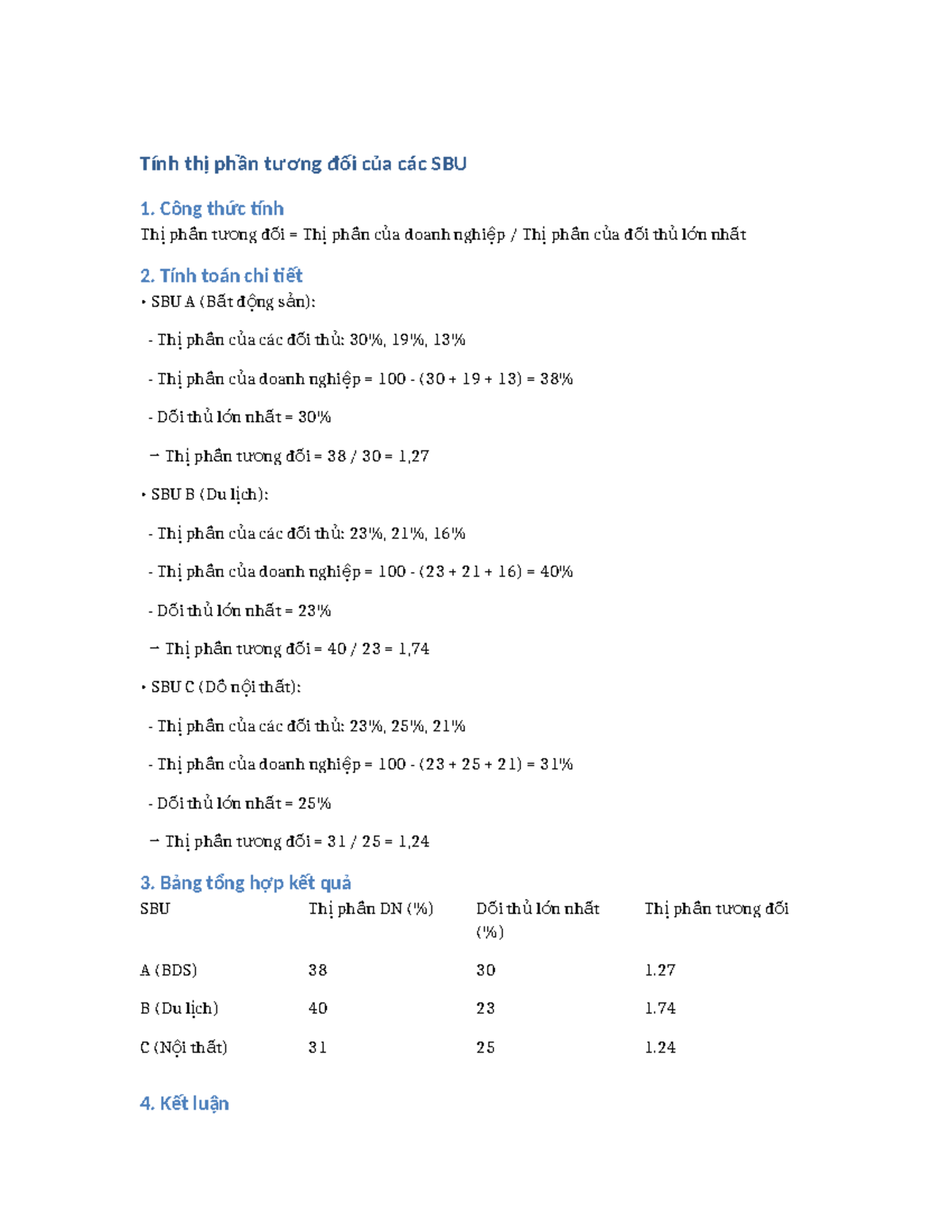 Tính Thị Phần Tương Đối của Các SBU: Phân Tích Chi Tiết - Studocu