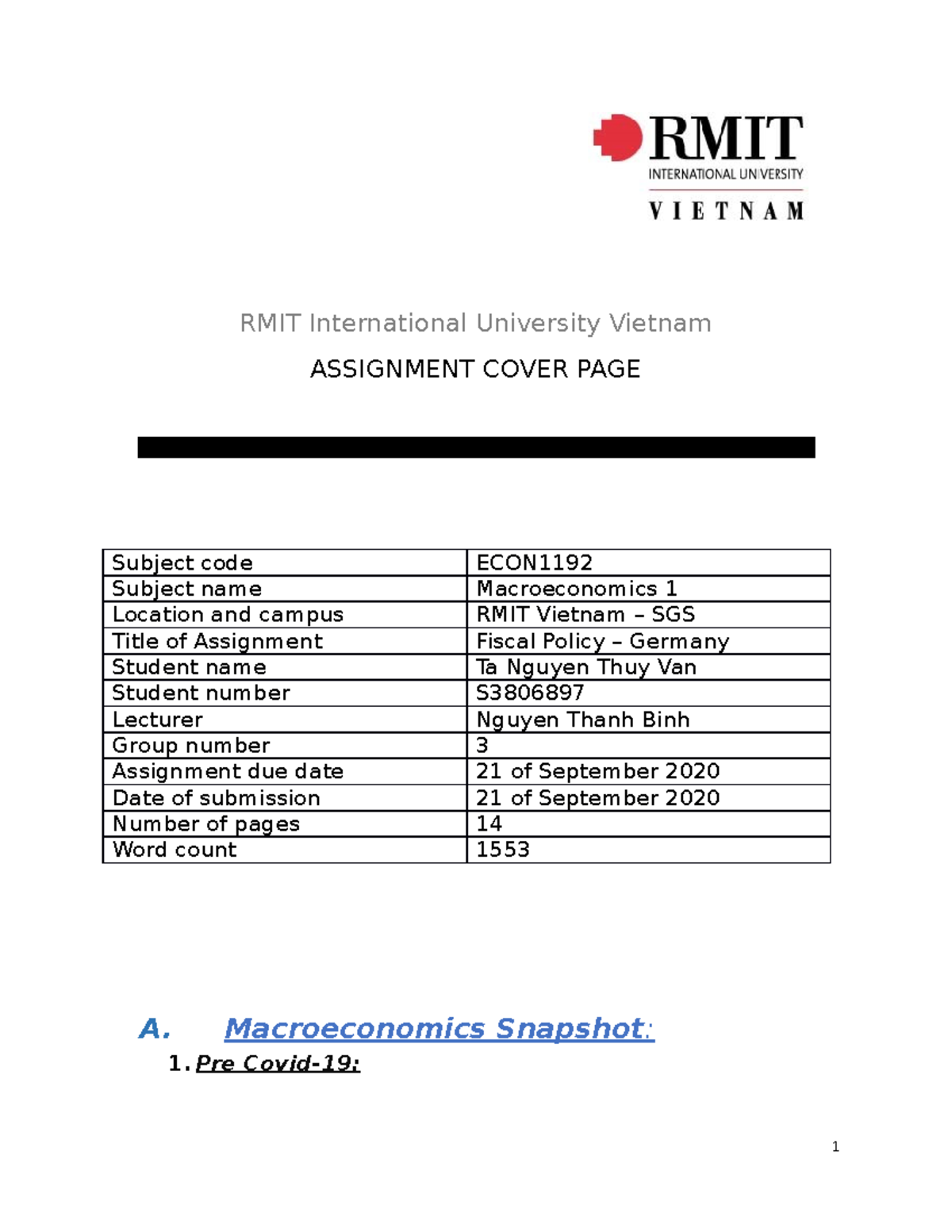 Asignment 3 ECON1192 2020B-1 Ta Nguyen Thuy Van s3806897 - RMIT International University Vietnam ...