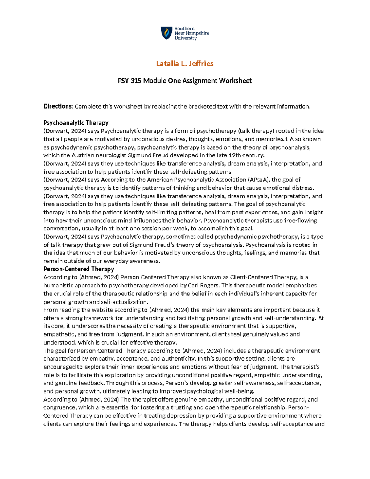 PSY 315 Module One Assignment Worksheet (2)-LJ - Latalia L. Jeffries ...