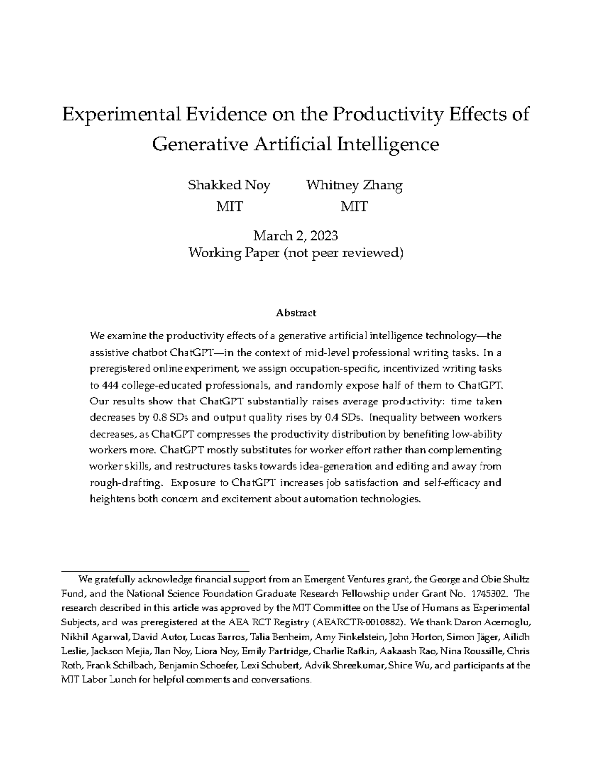 MIT Working Paper: Productivity Effects of Generative AI in Writing ...