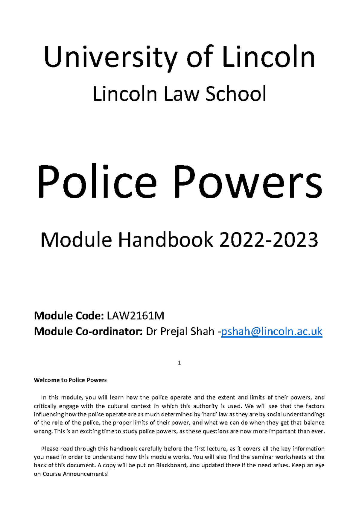 LAW2161M- Police Powers 2022-2023 - Handbook - University of Lincoln ...