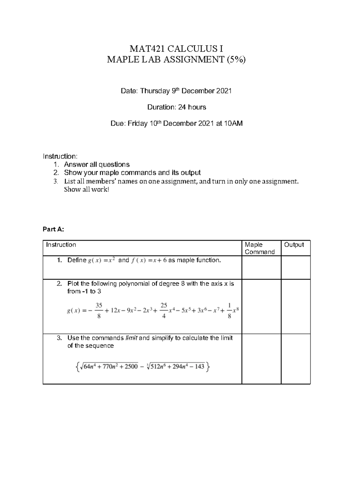 MAT421 Final Lab Assignment 1: Maple Calculus Tasks and Instructions ...