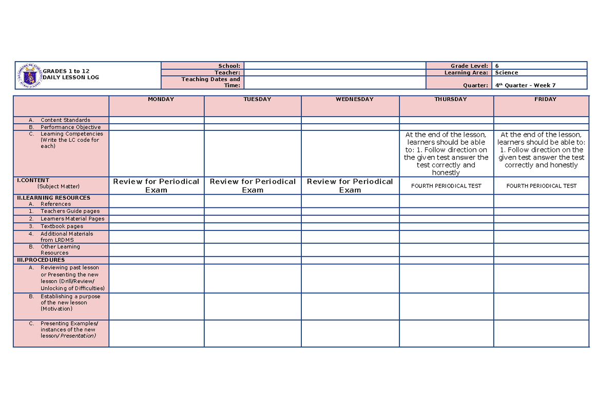 Science 6 - WEEK 7 Daily Lesson Log (DLL) for 4th Quarter - Studocu