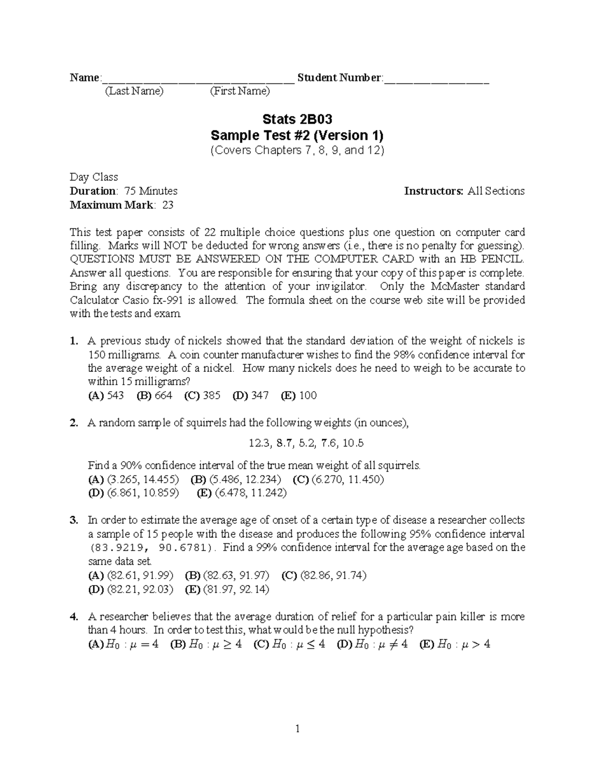 Stats 2B03 Sample Test (Version 1) - Covers Chapters 7, 8, 9, 12 - Studocu