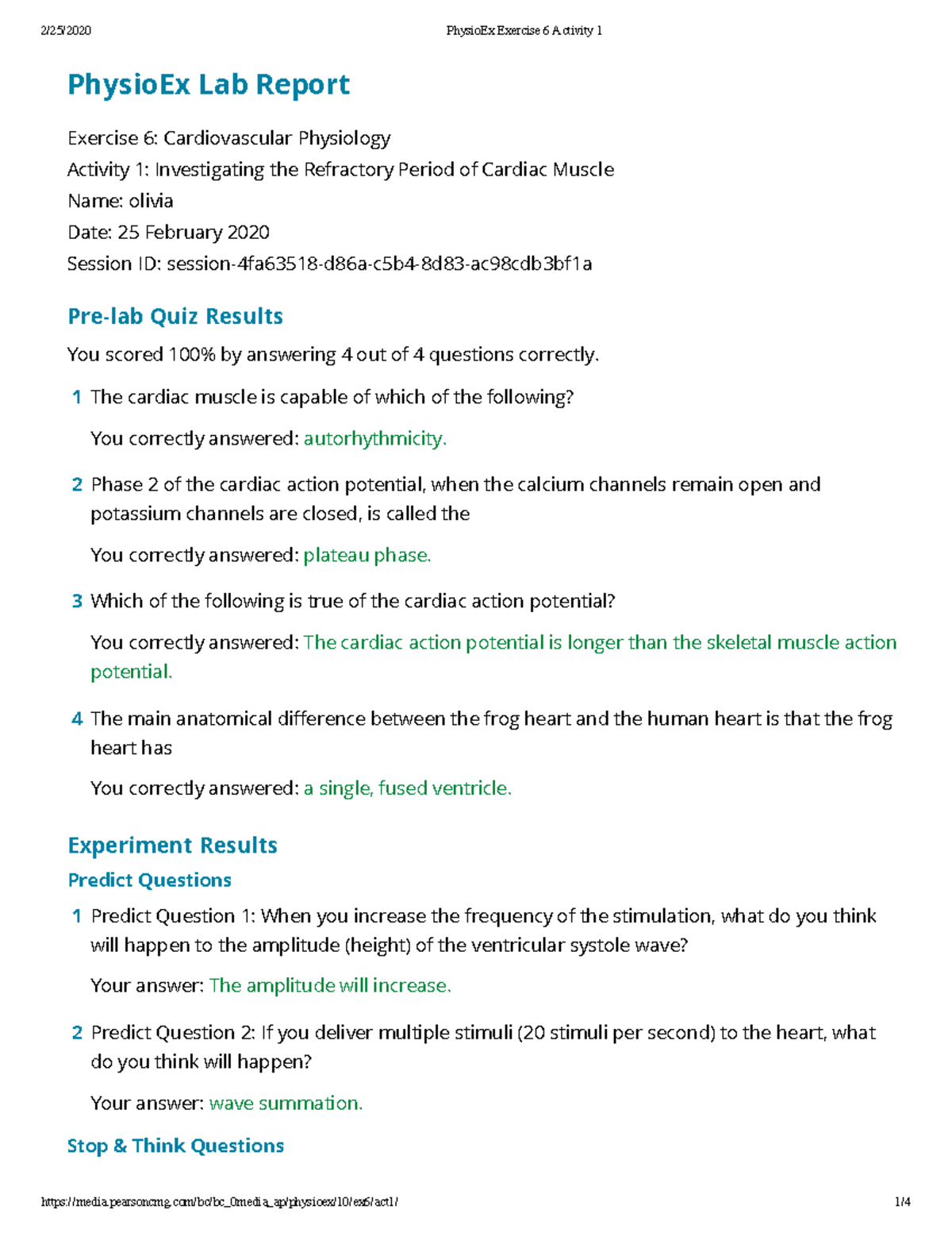 PhysioEx 6 Lab Report - Cardiovascular Physiology Activity 1 - Studocu