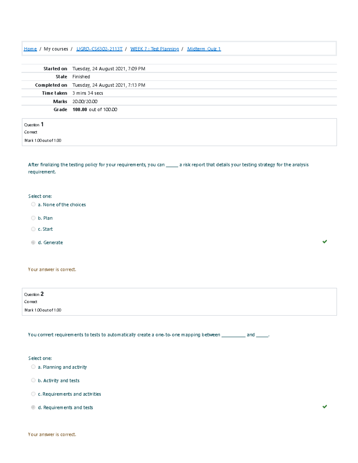 Term 3 App Lifecycle Mgmt Midterm Quiz 1 Attempt review - Home/My courses/ UGRD-CS6302-2113T ...