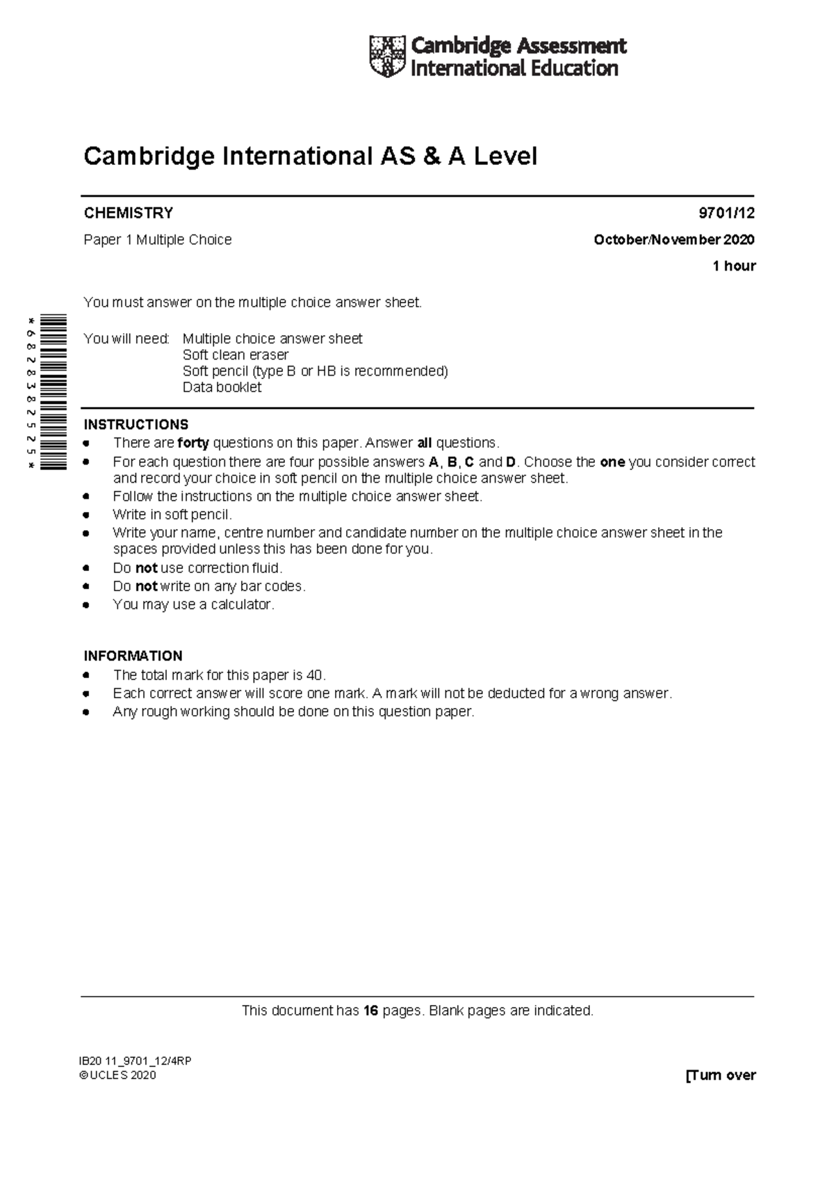 Cambridge International AS & A Level Chemistry 9701/12 October/November ...