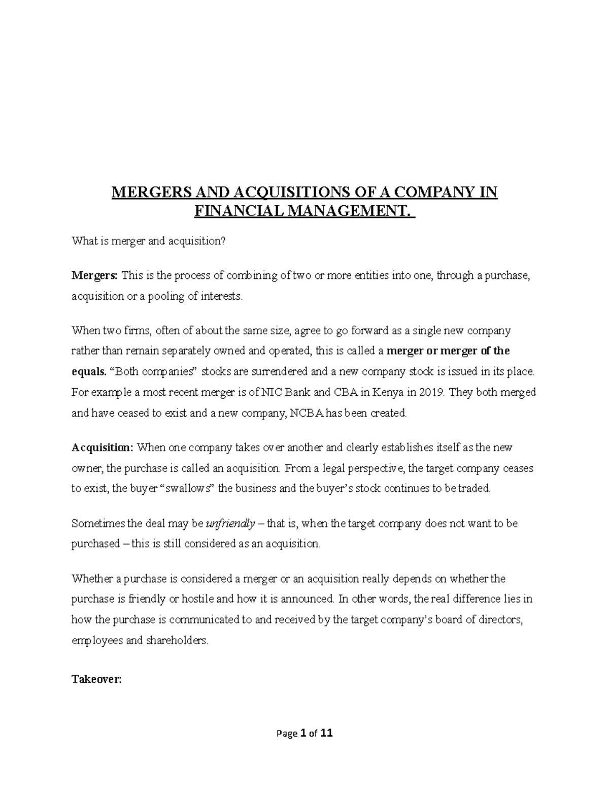 Mergers and Acquisitions in Financial Management: Key Insights - Studocu