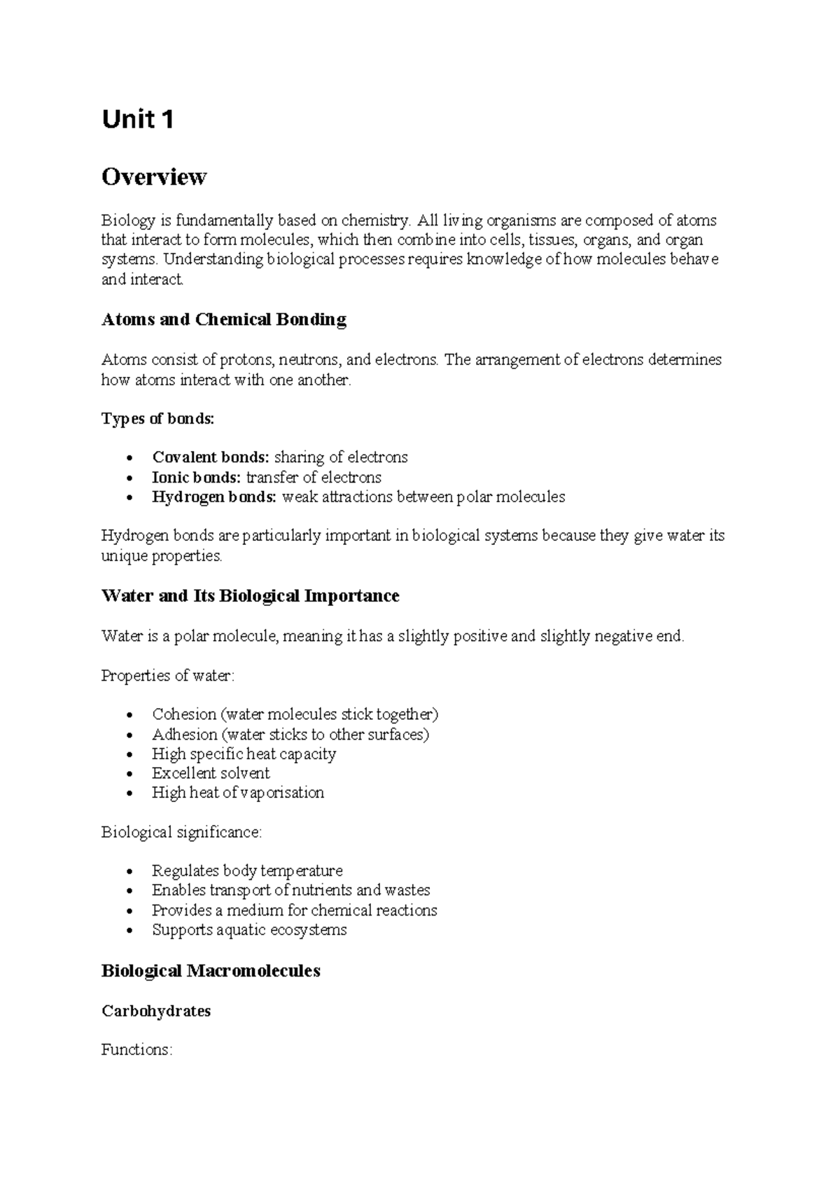 Unit 1 Summary: Chemistry's Role in Biology and CF Overview - Studocu