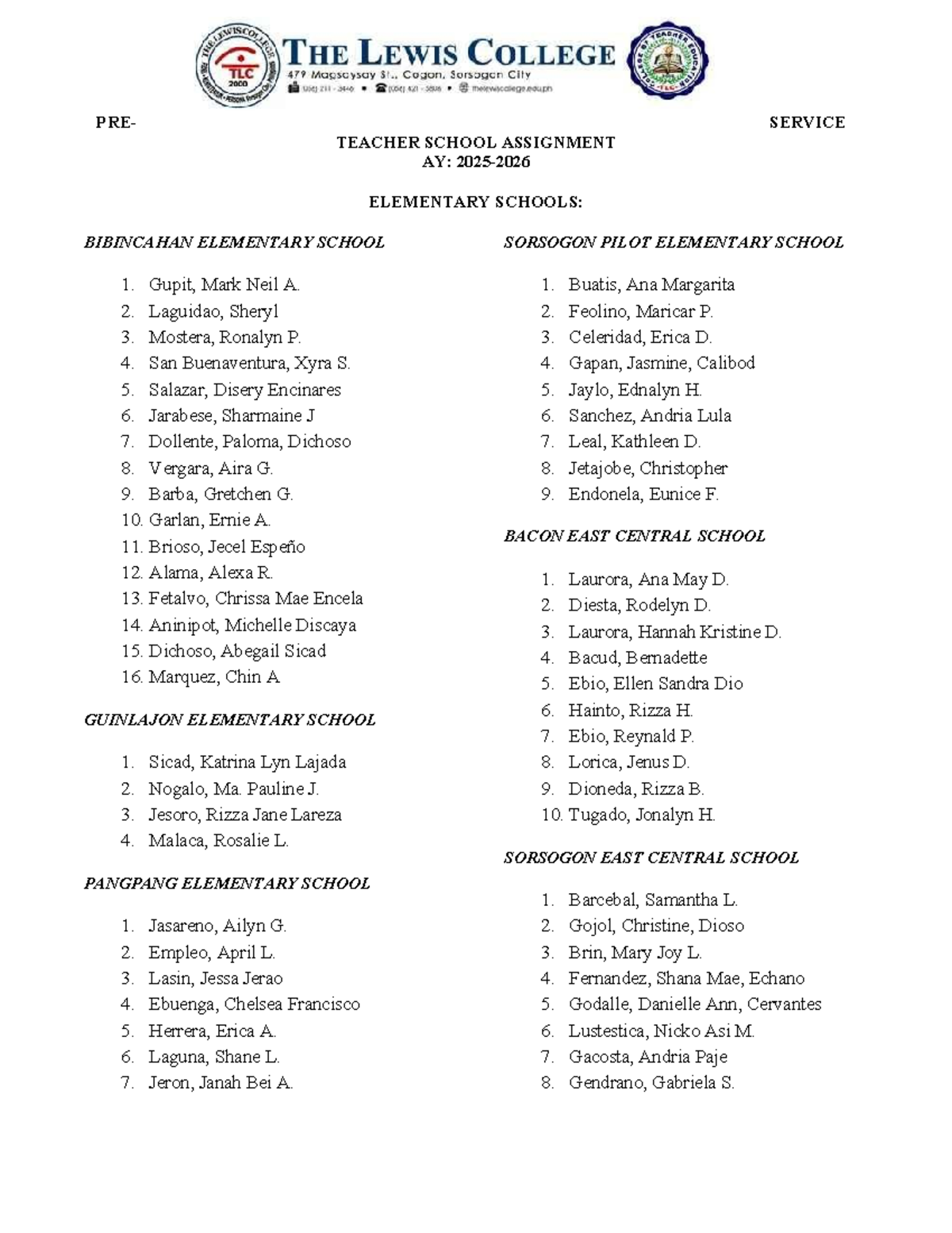 PRE-TEACHER SCHOOL ASSIGNMENT AY 2025-2026: ELEMENTARY & SECONDARY ...
