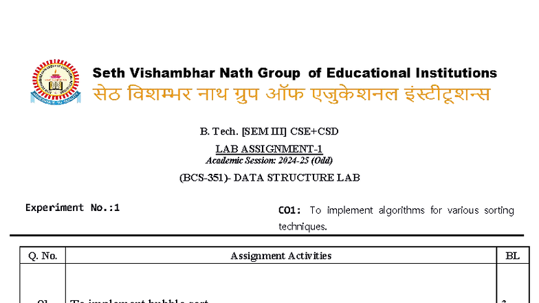 CSE+CSD BCS-351 Data Structure Lab Assignments Overview - Studocu