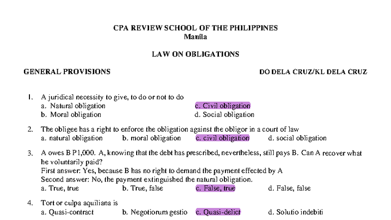 CPA 9603 - Obligations: Multiple Choice Questions Review - Studocu