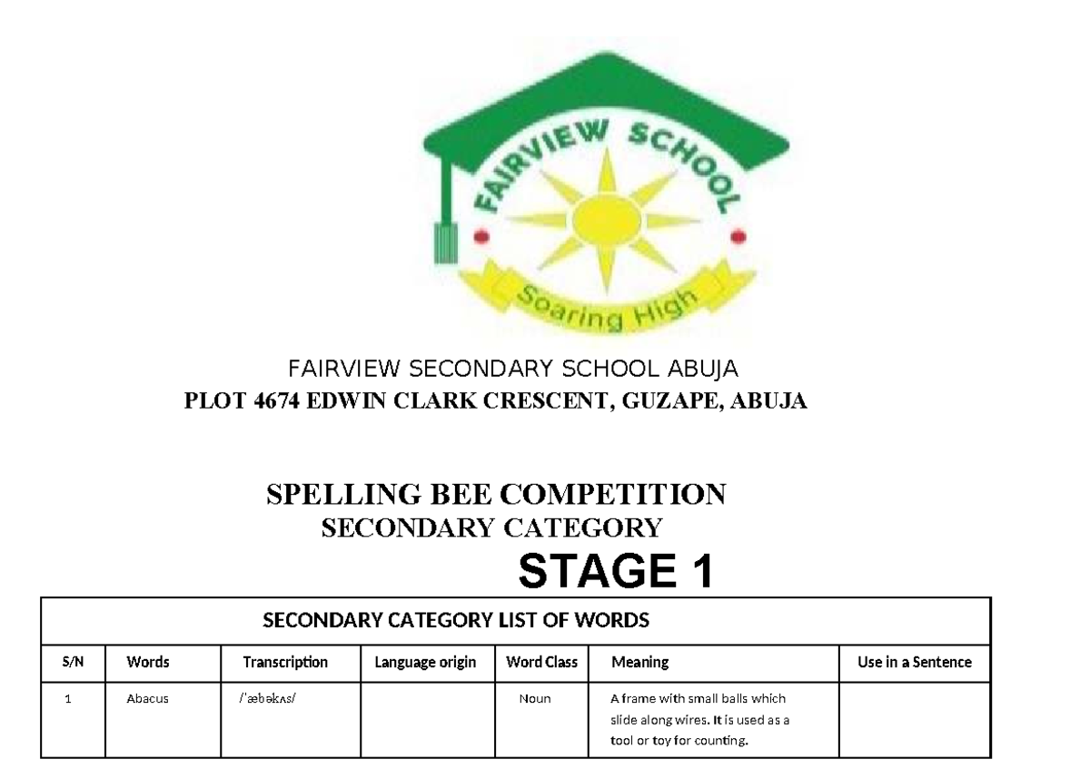 FAIRVIEW SCHOOL SPELLING BEE WORD LIST - STAGE 1, 2 & 3 - Studocu