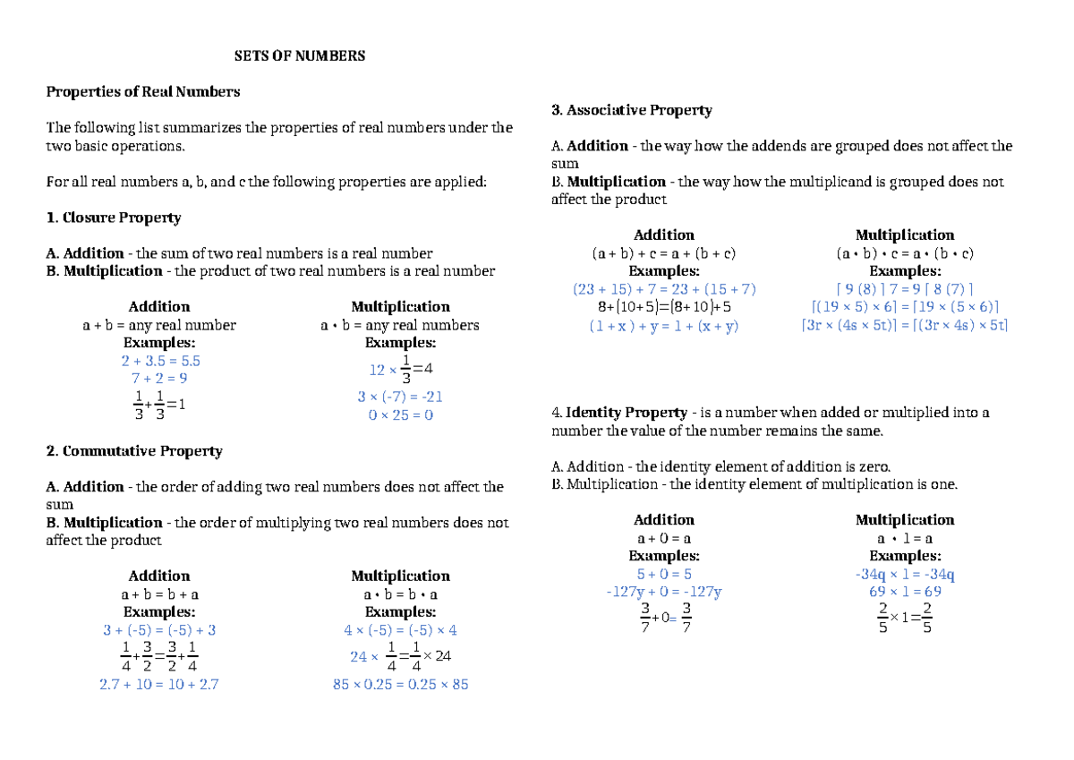 Chapter 2 - Properties of Real Numbers in SETS of Numbers - Studocu