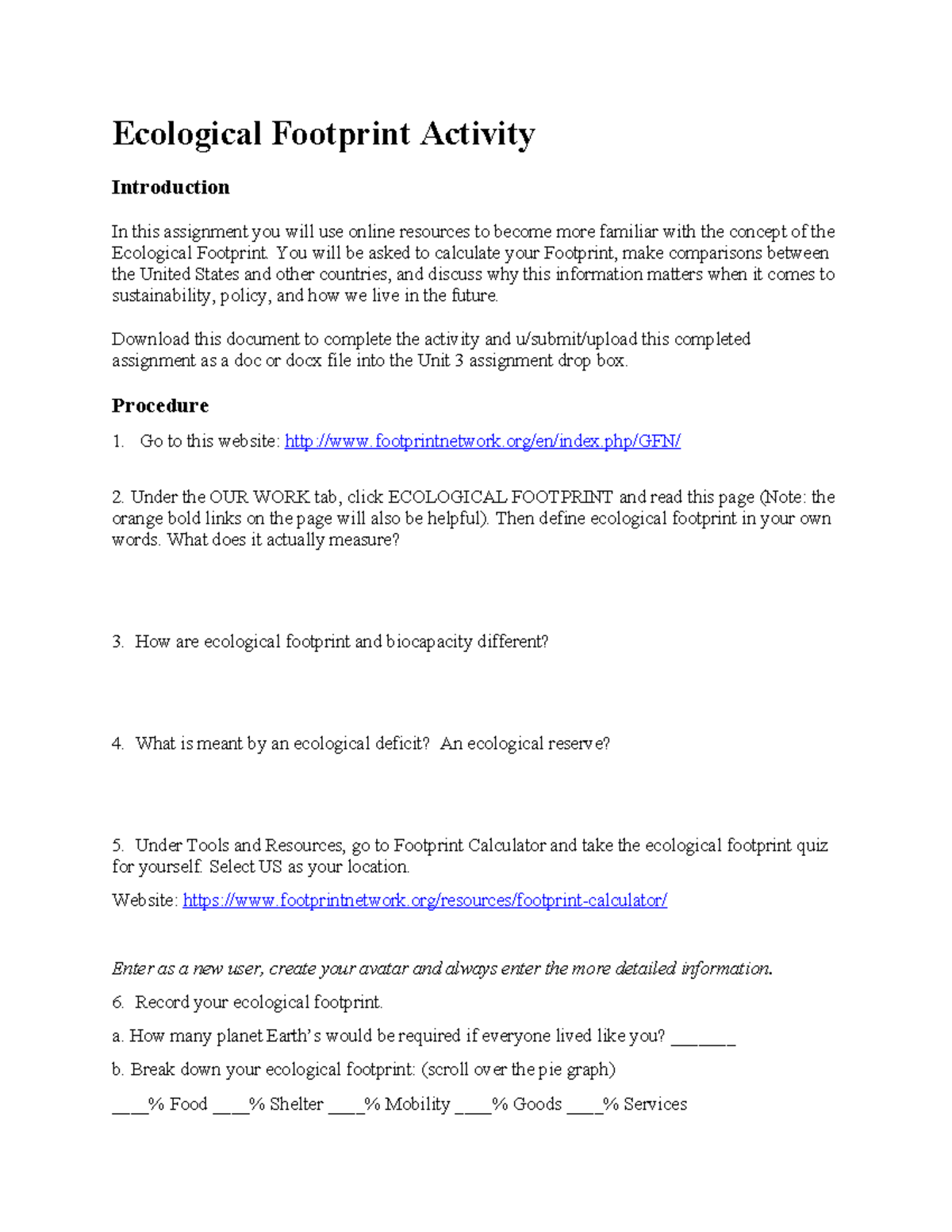 Unit 3 Ecological Footprint Activity: Understanding Sustainability Sp25 ...