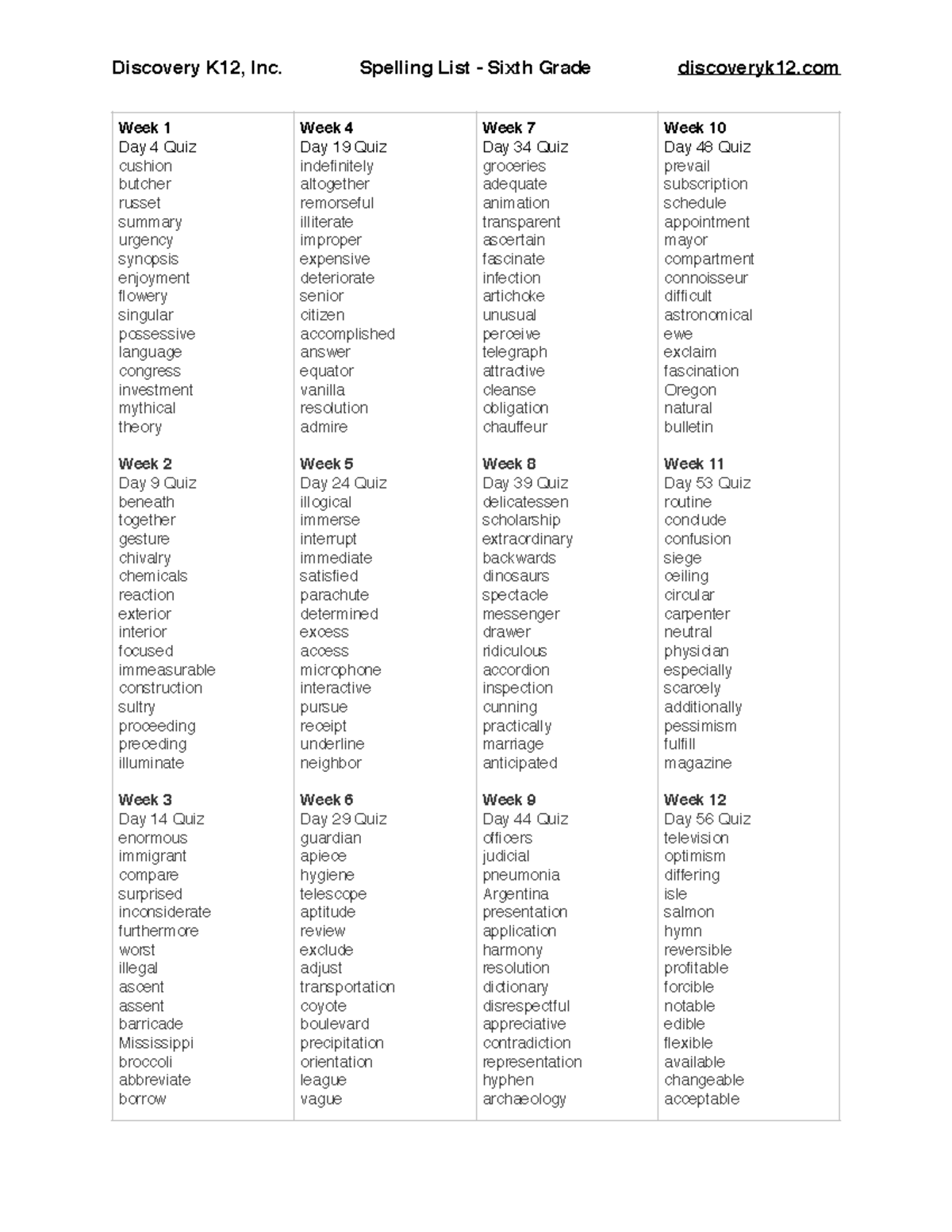 Spelling-List-6th - Spelling list words grade 6 - Discovery K12, Inc ...