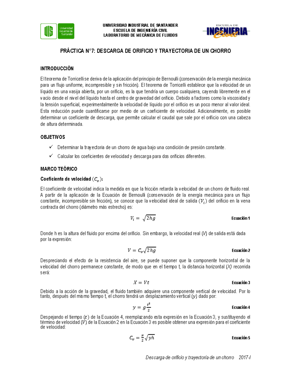 Práctica N° 7: Descarga de Orificio y Trayectoria de Chorro - Mecánica ...