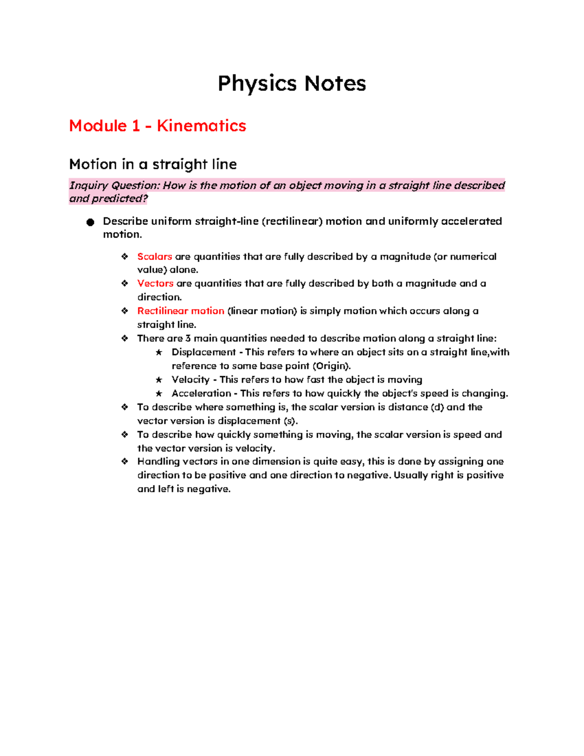 Physics Prelim Notes - Physics Notes Module 1 - Kinematics Motion in a ...