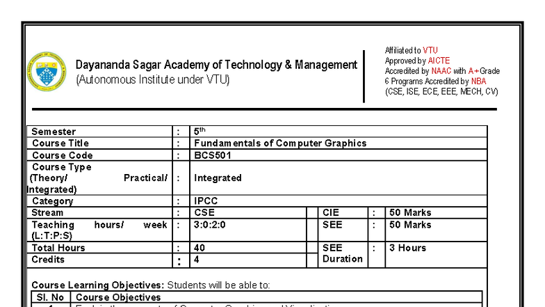 BCS501: Fundamentals of Computer Graphics Syllabus and Course Outline ...
