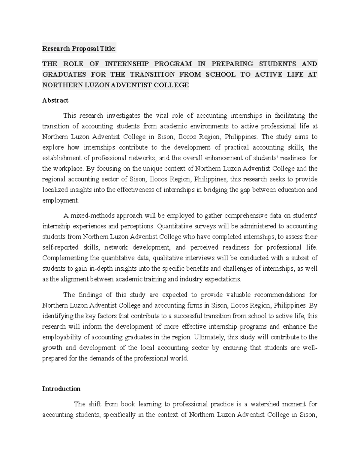 Research Proposal: The Impact of Internship Programs on Student ...