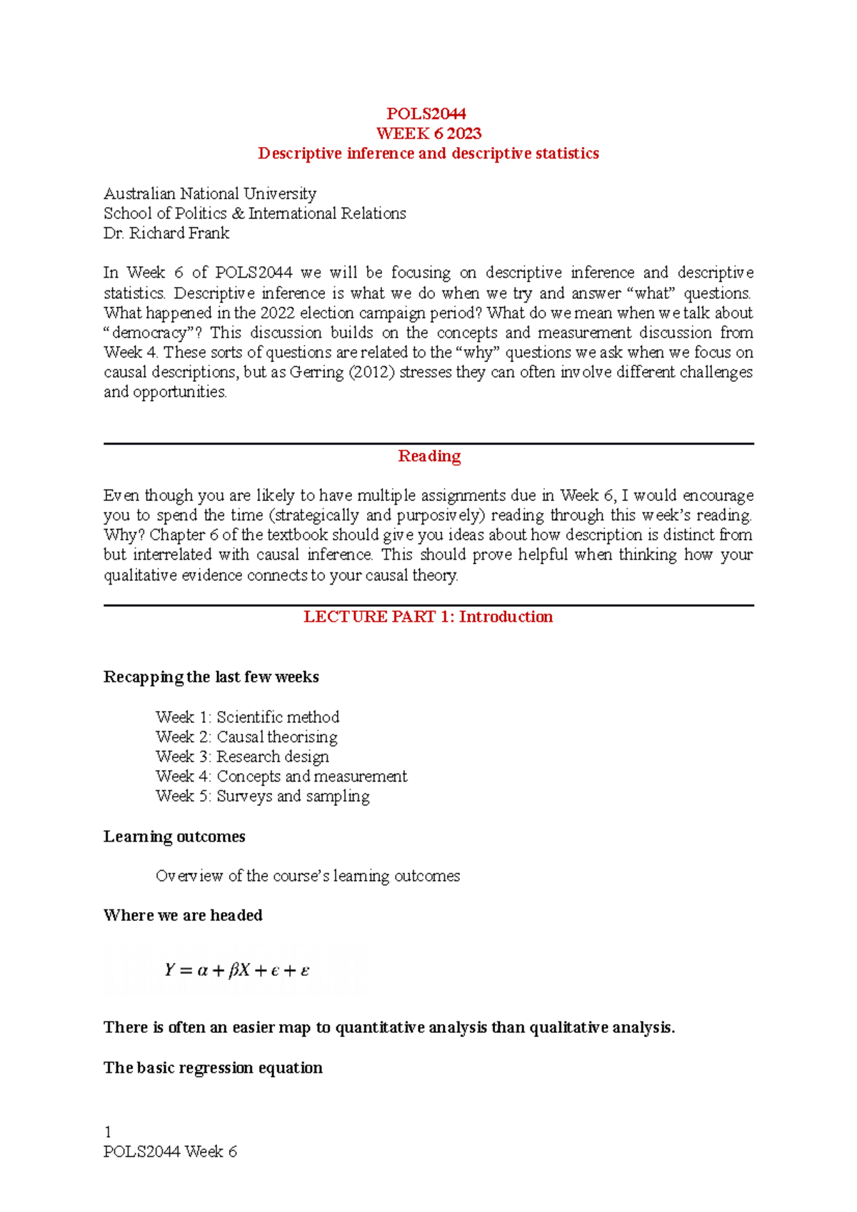 POLS2044 2023 Week 6 notes - POLS WEEK 6 2023 Descriptive inference and ...