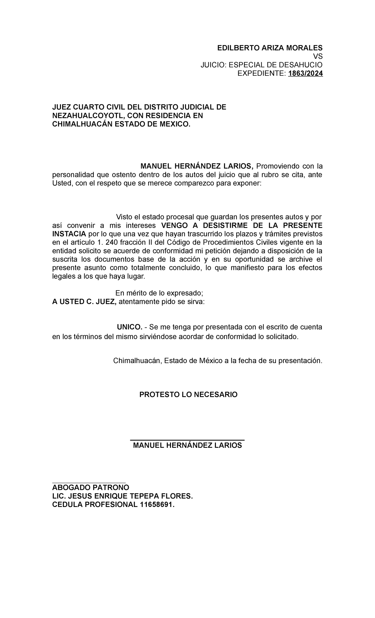 EDILBERTO ARIZA MORALES VS JUICIO: DESISTIMIENTO EN CHIMALHUACÁN - Studocu