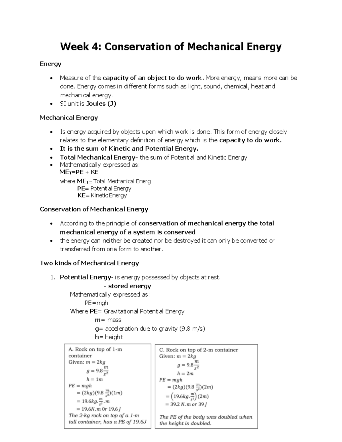 Week 4: Conservation of Mechanical Energy - Key Concepts and Formulas ...