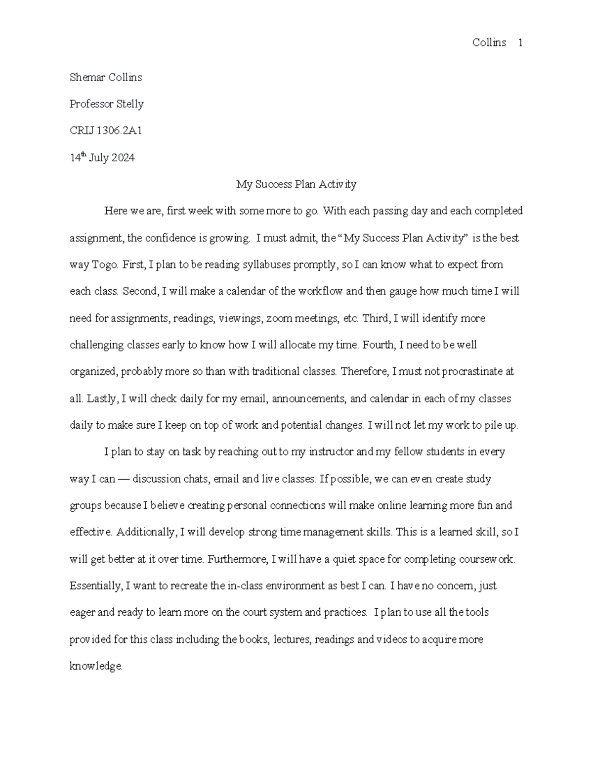 CRIJ 1306.2A1 Success Plan Activity: Strategies for Online Learning ...