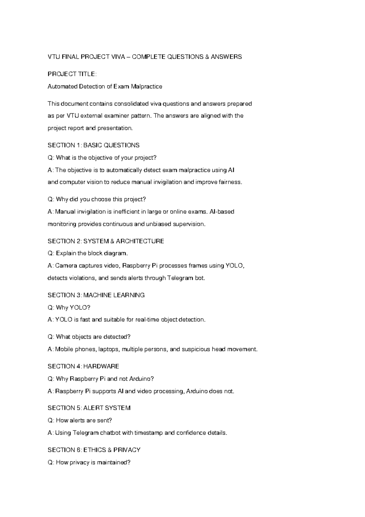 VTU Final Project Viva QA: Automated Detection of Exam Malpractice ...