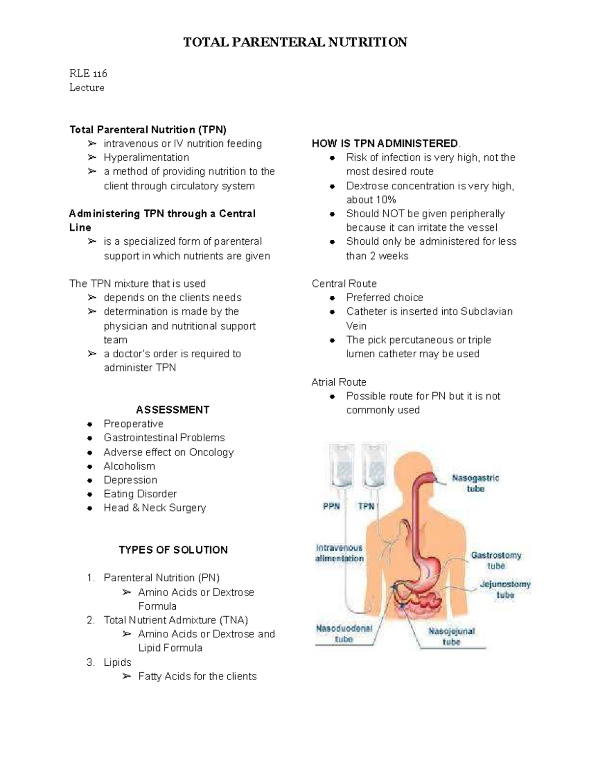 RLE 116 Total Parenteral Nutrition (TPN) Lecture Notes - Studocu