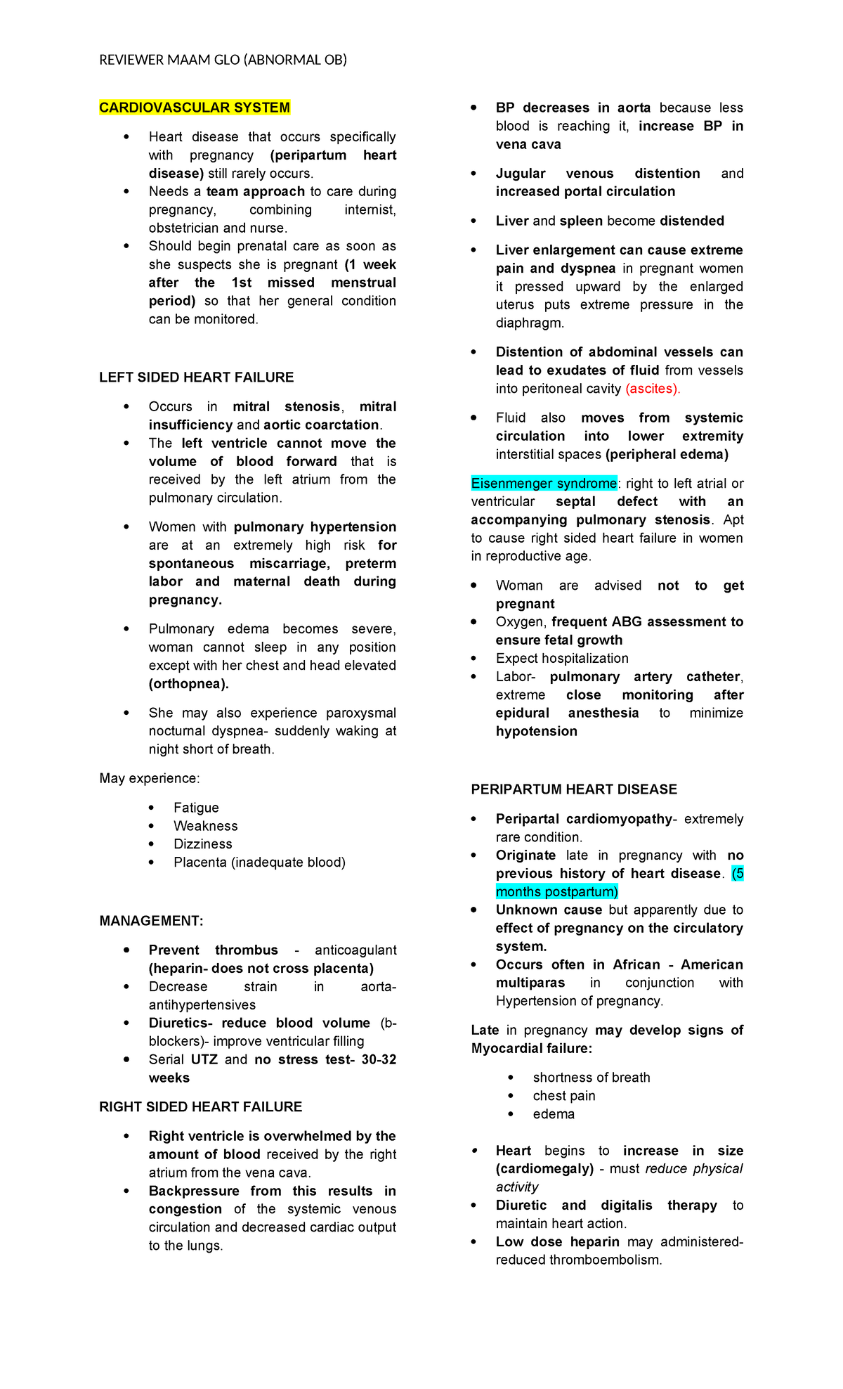 REVIEWER MAAM GLO (ABNORMAL OB) CARDIOVASCULAR SYSTEM: Heart Disease in ...