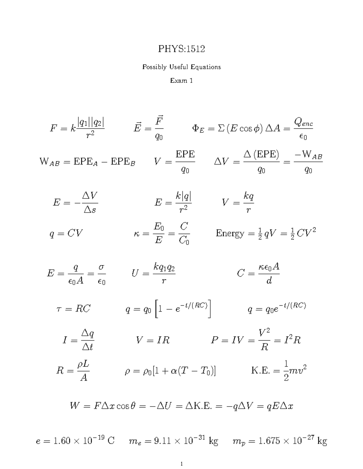 PHYS:1512 Exam 1 Equations and Useful Formulas - Studocu