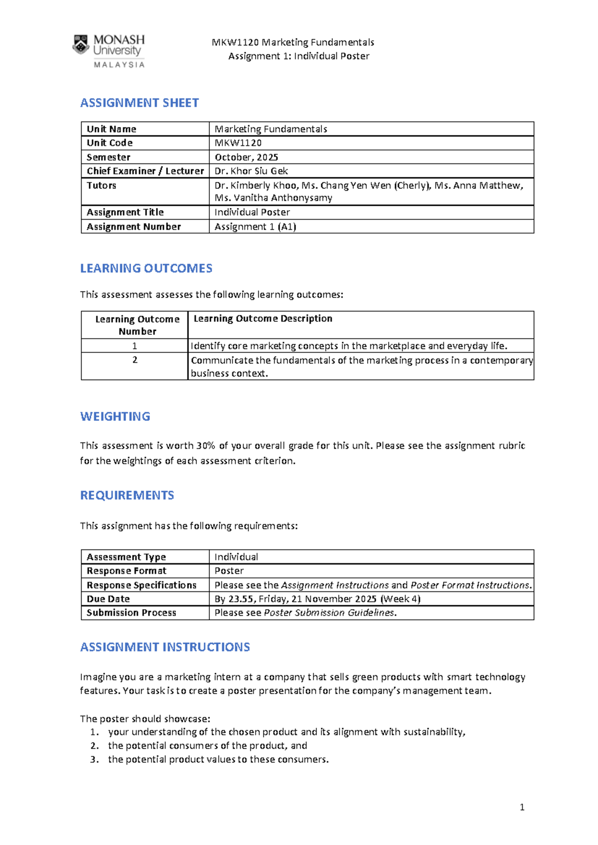 MKW1120 Marketing Fundamentals A1: Individual Poster Guidelines - Studocu