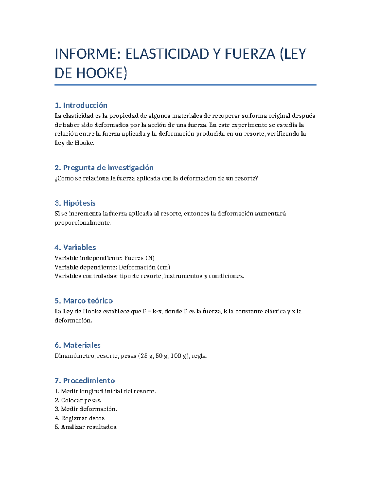 Informe: Elasticidad y Fuerza (Ley de Hooke) - Estudio Experimental ...