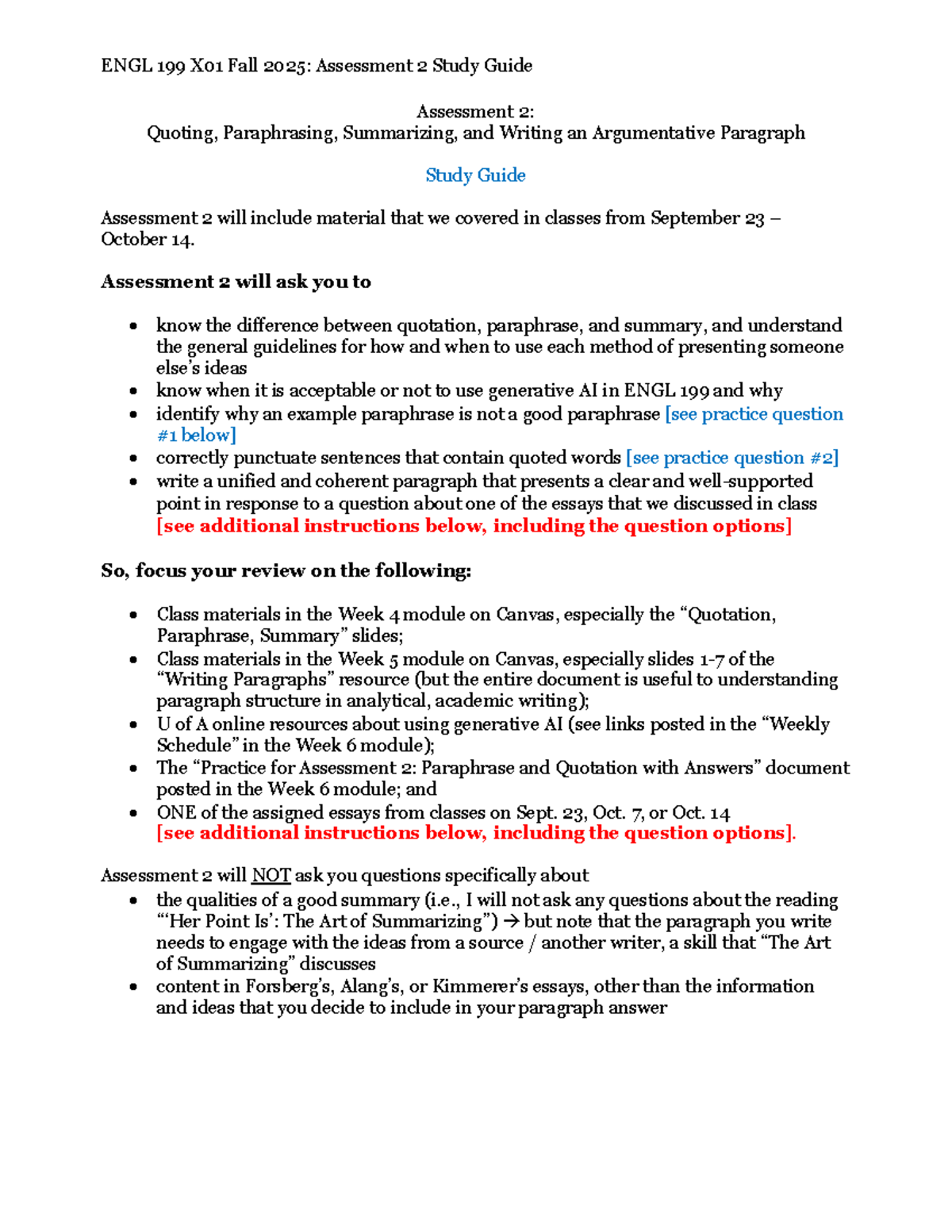 ENGL 199 X01 Fall 2025: Assessment 2 Study Guide on Quoting ...
