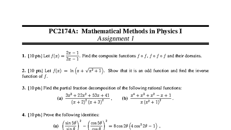 PC2174A: Mathematical Methods in Physics I - Assignment 01 - Studocu