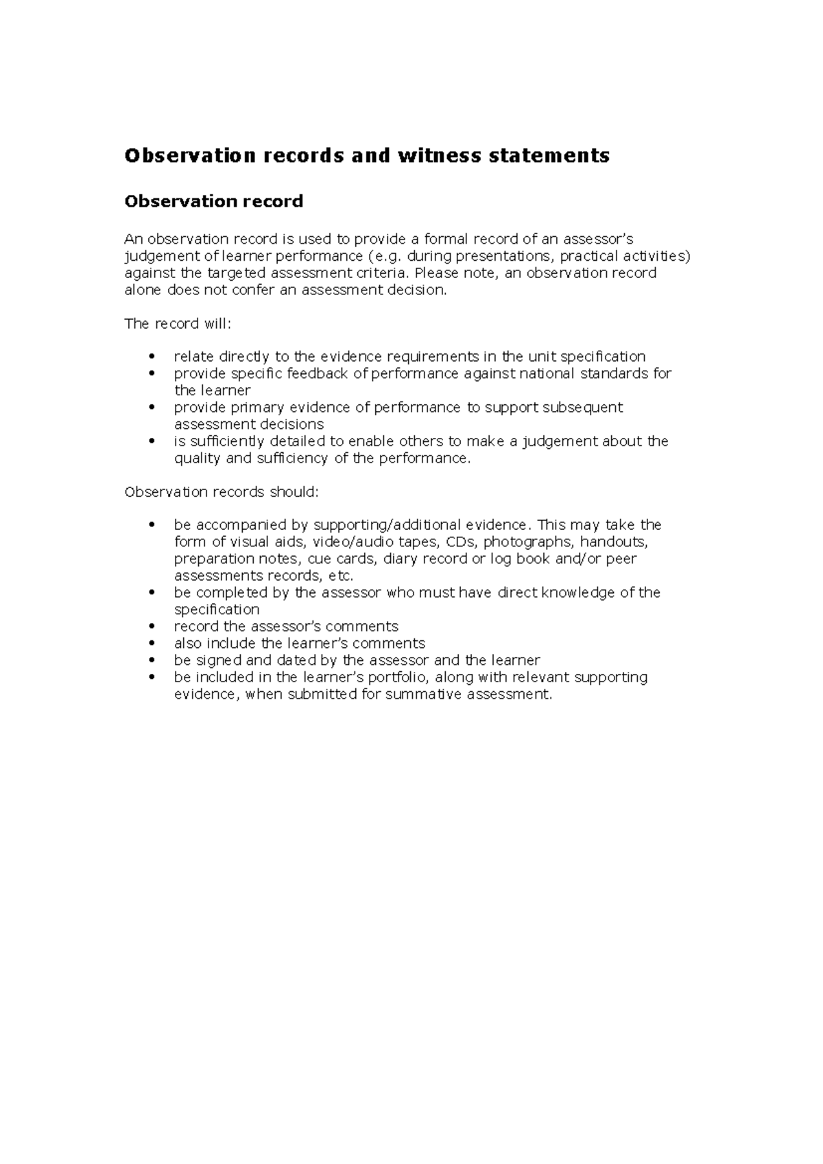 Observation Records and Witness Statements Guide for Assessors - Studocu