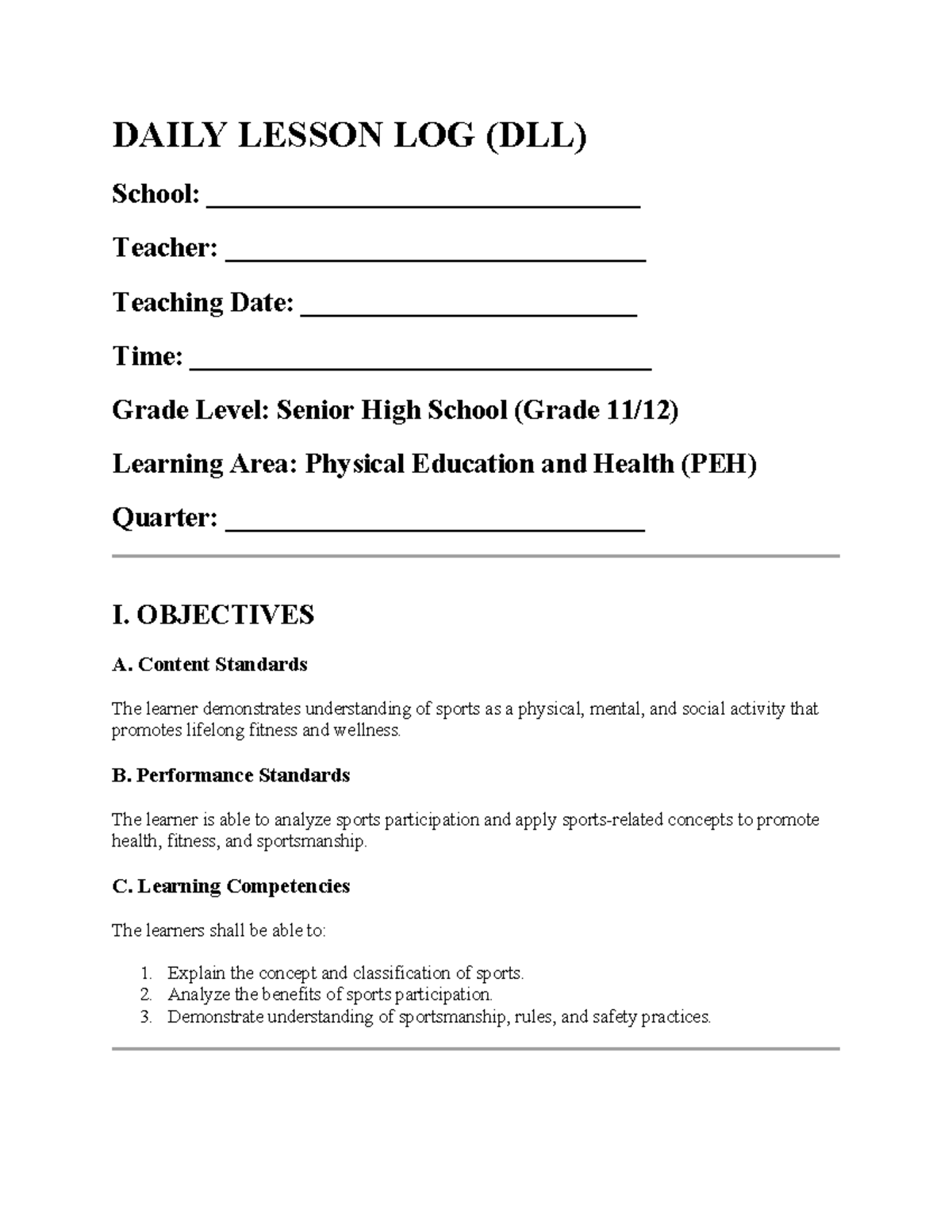 Daily Lesson Log (DLL) for Senior High School PEH Class - Studocu