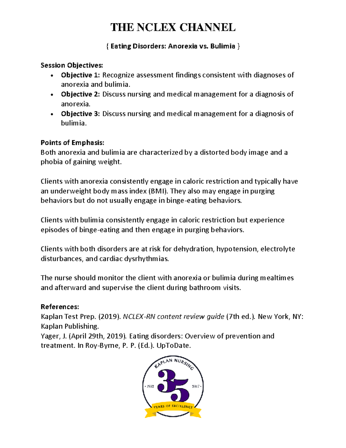 Handout Eating Disorders Anorexia vs Bulimia - THE NCLEX CHANNEL ...