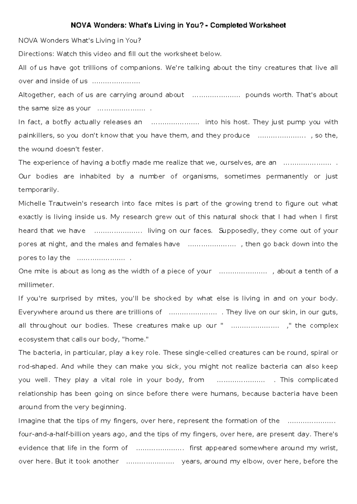 NOVA Wonders: Living in You? Completed Worksheet Analysis and Insights ...