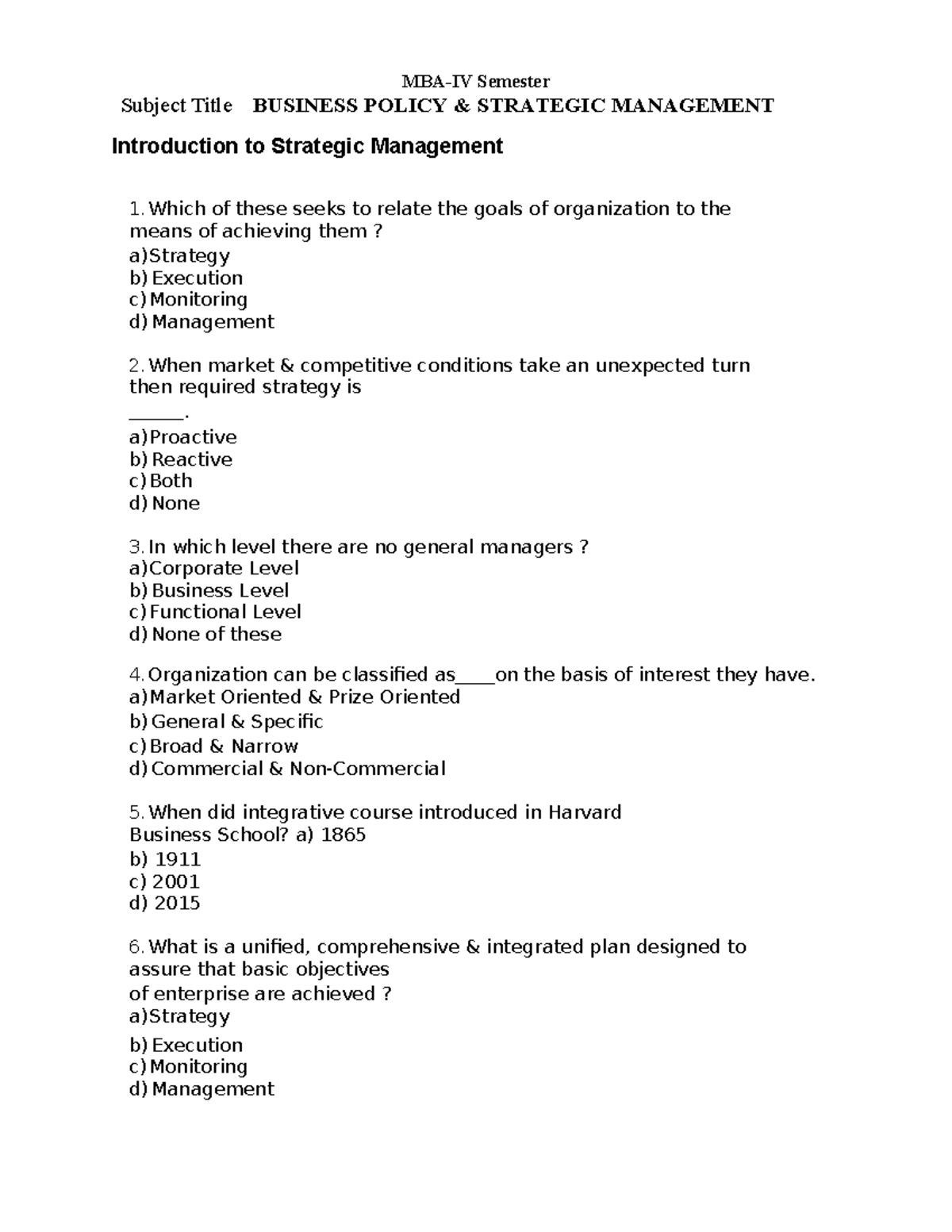 MCQ BPSM - Business Policy & Strategic Management Questions - Studocu