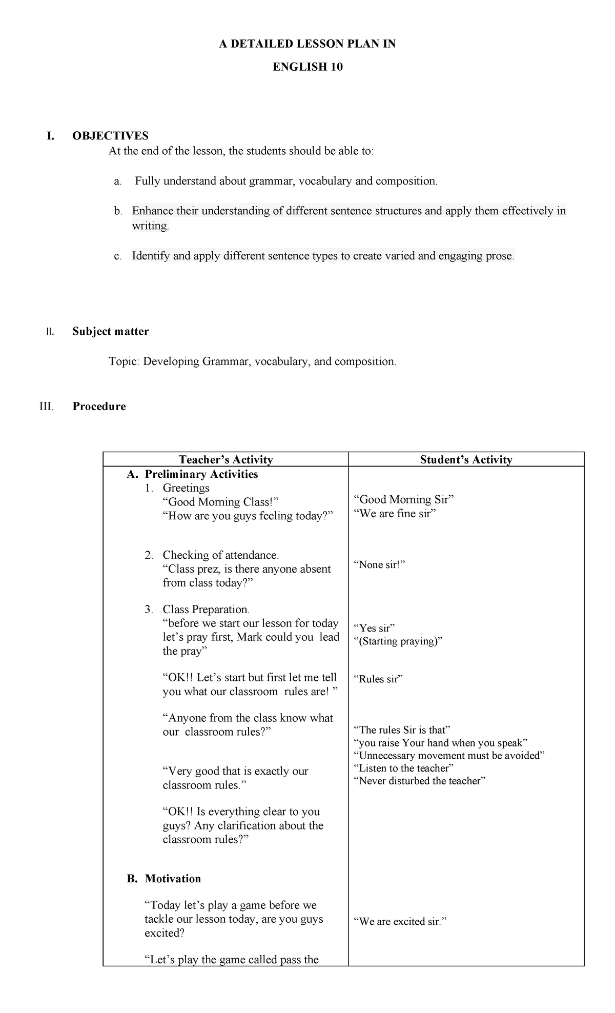 A Detailed Lesson PLAN IN - A DETAILED LESSON PLAN IN ENGLISH 10 I ...