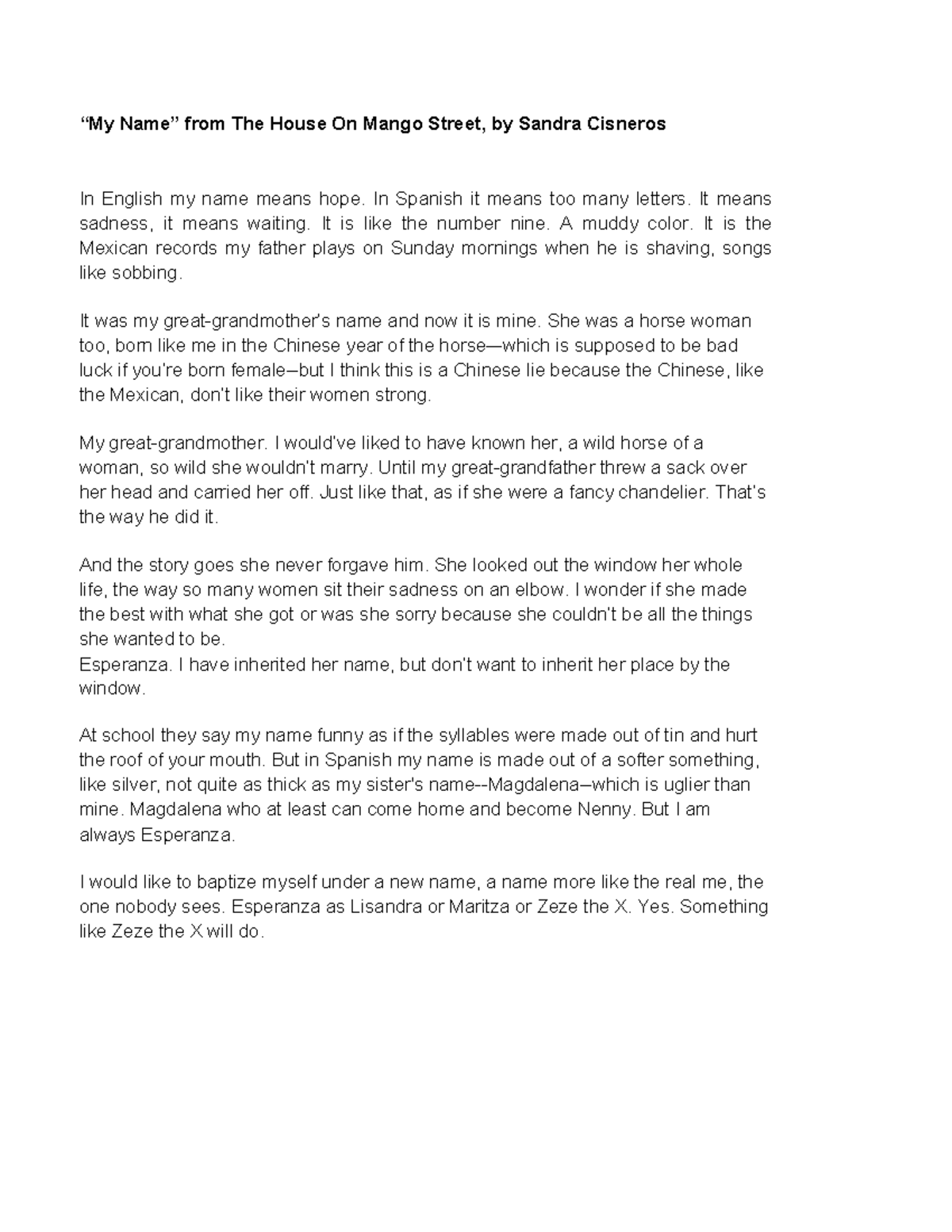 “My Name” from The House On Mango Street, by Sandra Cisneros - In ...